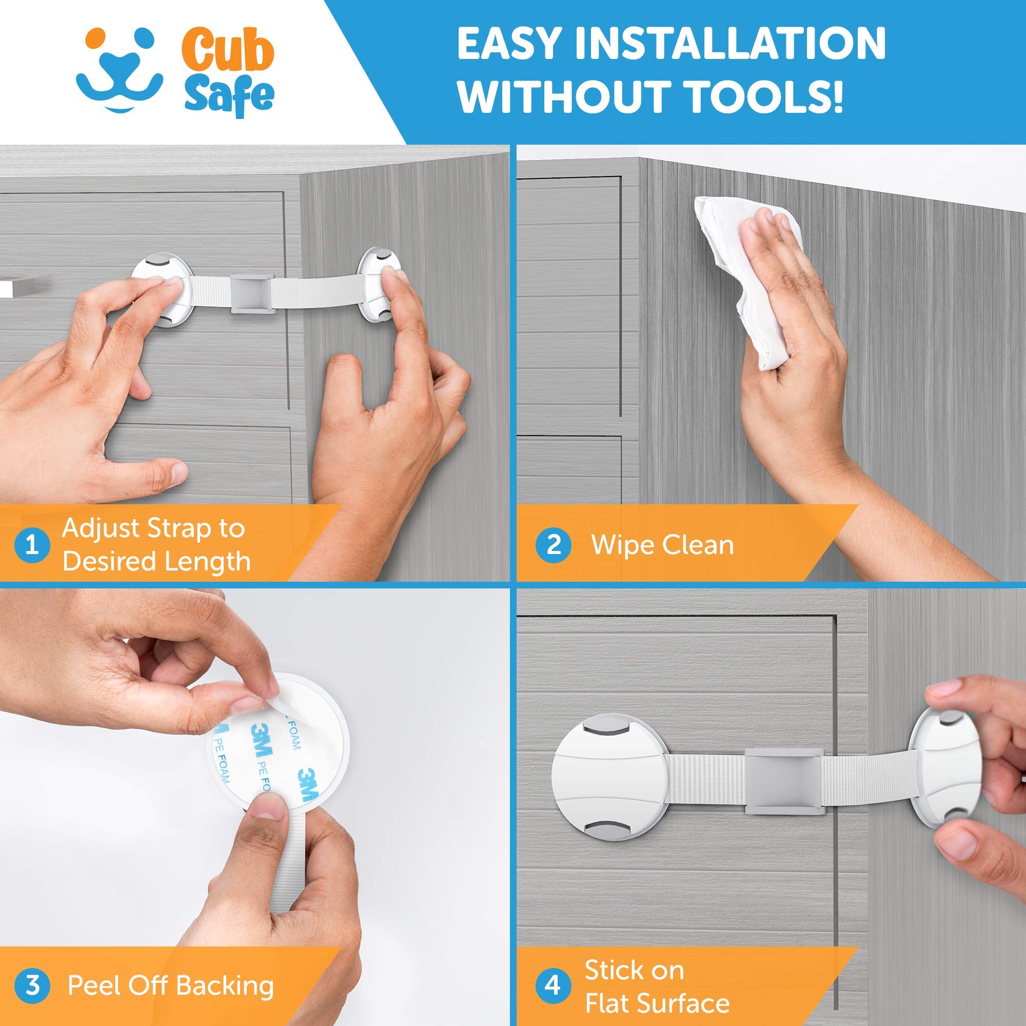 Improved Childproof Door Lever Lock (4 Pcs) and Multipurpose Safety Straps (4 Pcs) with Adjustable Strap and 3M Adhesive. Toddler Proofing. No Tools Required.
