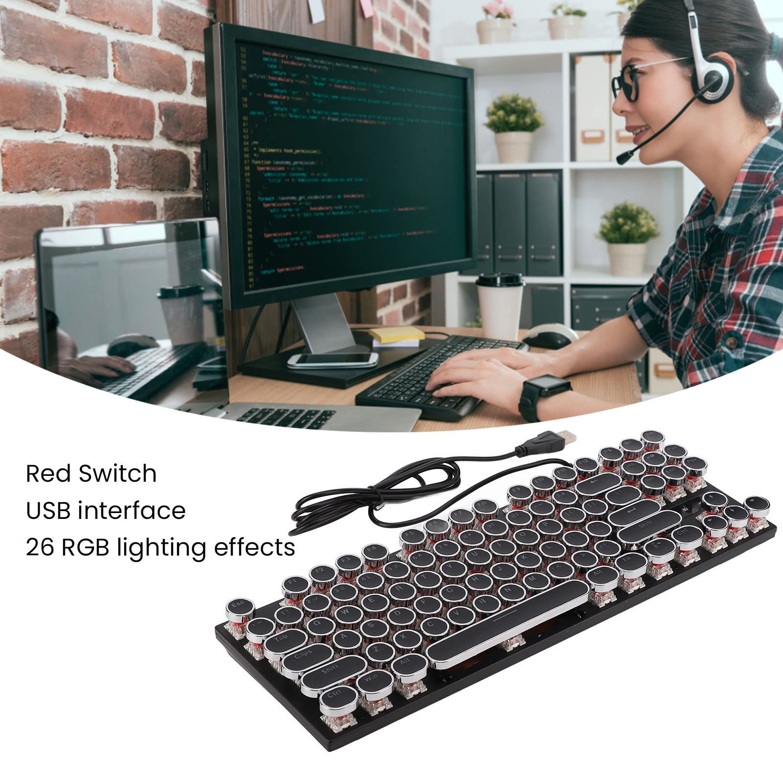 Red Switch Mechanical Keyboard Floating Button Structure 2 Color Injection Molding Red Switch Color Lock Mechanical Gaming Keyboard for Gaming (Black Plated Punk Keycaps)