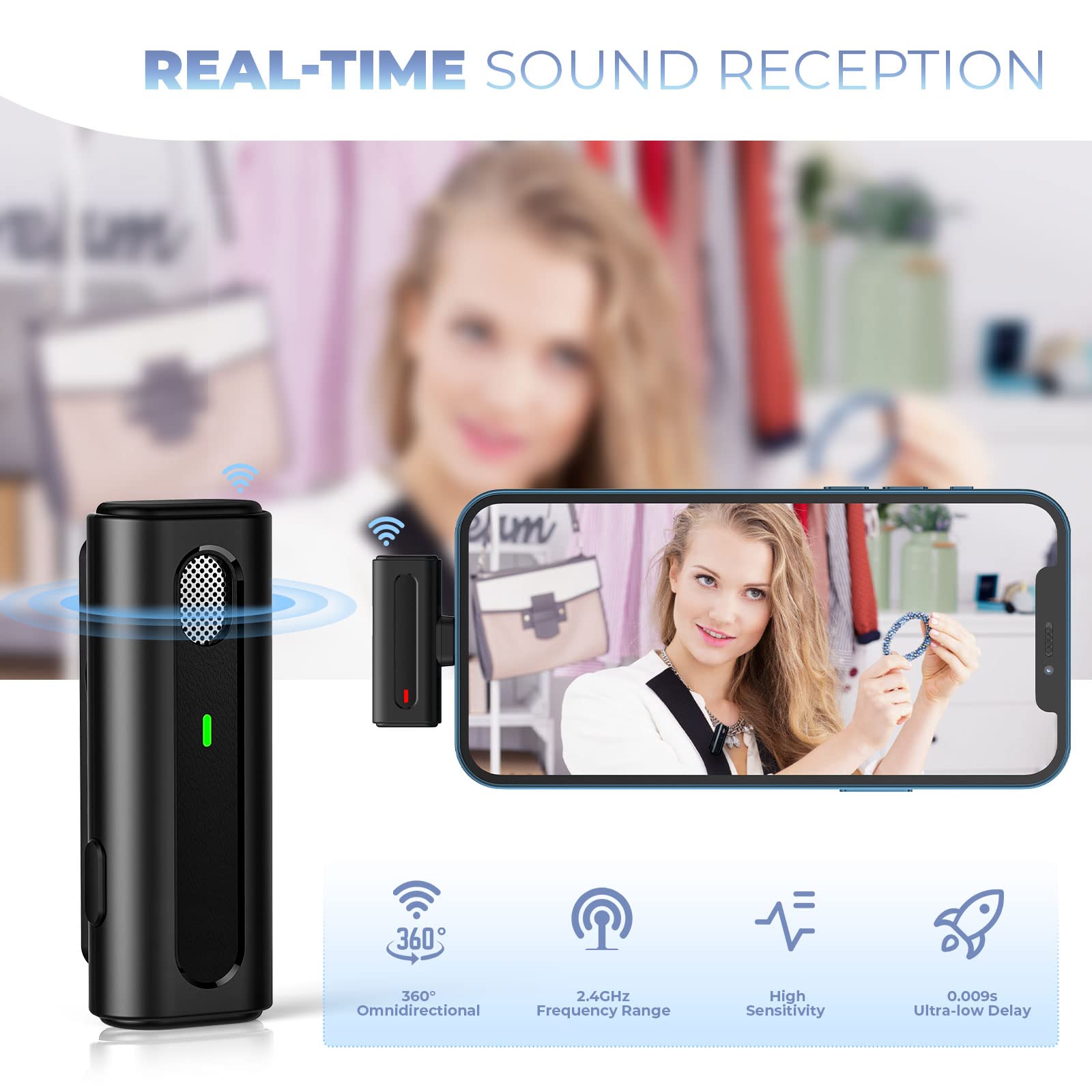 JSSEVN Wireless Lavalier Microphone, Plug-Play Wireless Mic Compatible with iPhone iPad, Auto Sync Noise Reduction Mic for Recording, YouTube, Facebook Live Stream, NO APP or Bluetooth Needed