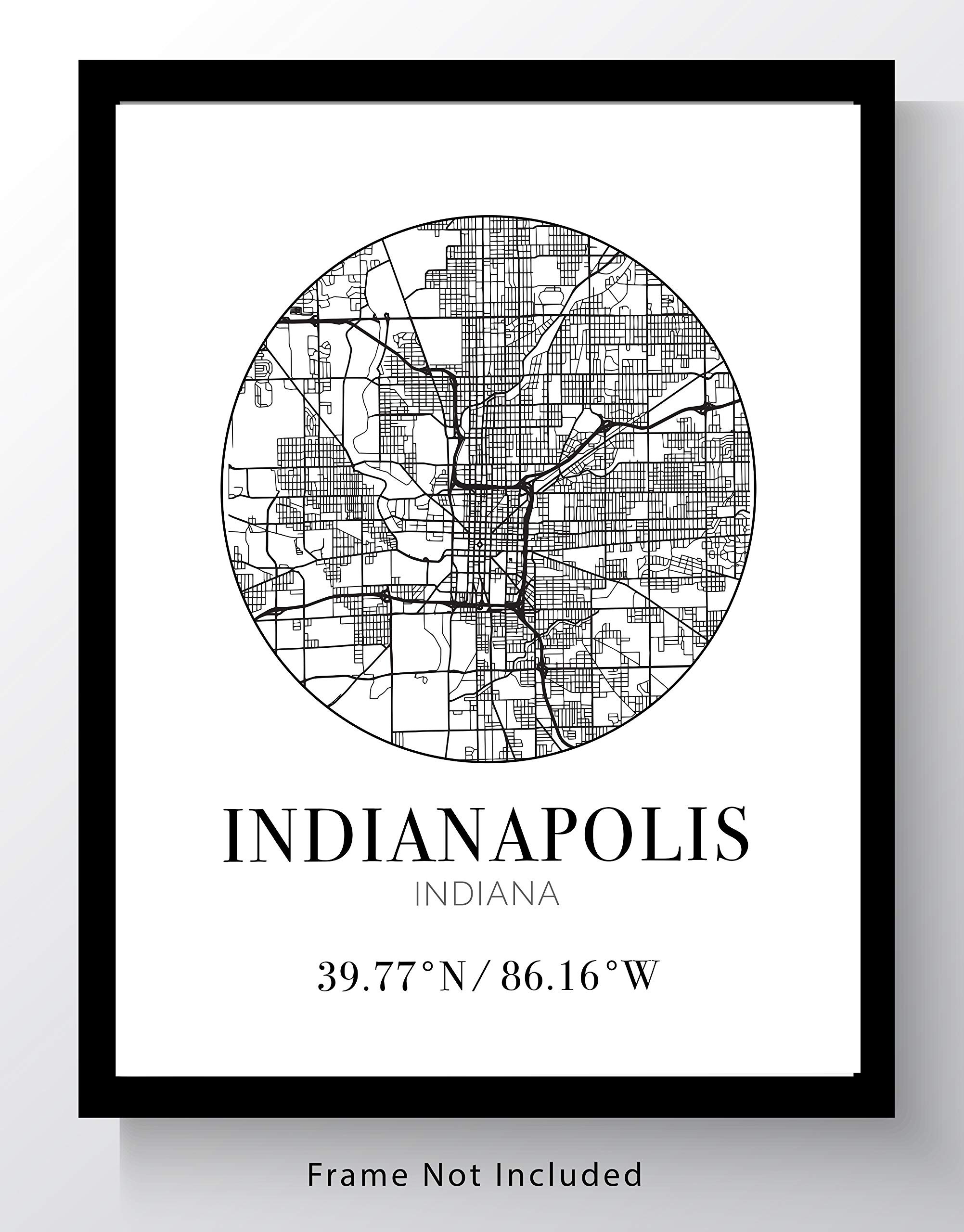 Indianapolis IN City Street Map Wall Art - 11x14 UNFRAMED Modern Abstract Black & White Aerial View Decor Print with Coordinates. Makes a great Indiana -Themed Gift.
