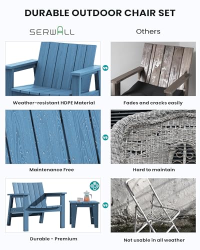 SERWALL Adirondack Chair Set with Side Table, HDPE Patio Bistro Set- Navy Blue