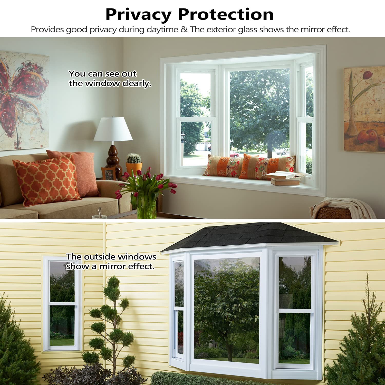 HooTown Window Tint for One Way Daytime Privacy Window Film Heat Control Sun Blocking Anti UV Non-Adhesive Static Cling Reflective Mirror Glass Film for Home Office, Black Silver, 23.6 in x 32.8 ft