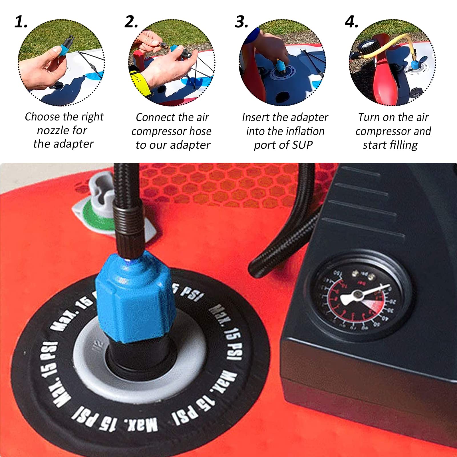 Inflatable SUP Pump Valve Adapter Set- Standard Air Valve Adapter and Nozzle Air Pump Converter for Kayaking Surfboard Inflatable Bed