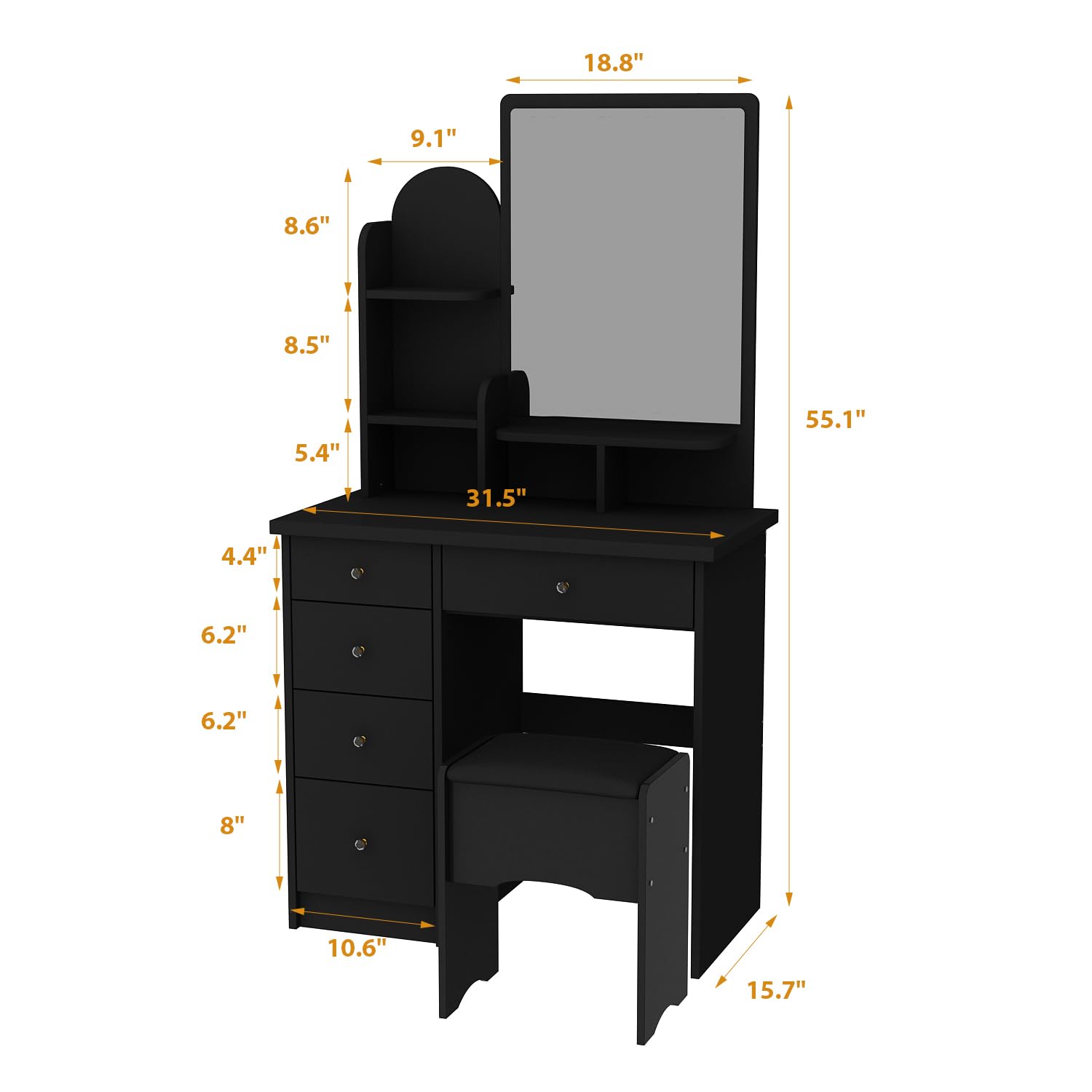 ROMSHINE Small Vanity Desk with Mirror, Makeup Vanity with Shelves & 4 Drawers, Vanity Table Set for Bedroom, Sliding Mirror, Cushioned Stool, Space-Saving, White&Grey, 35.2”W x 15.7”D x 52.4”H