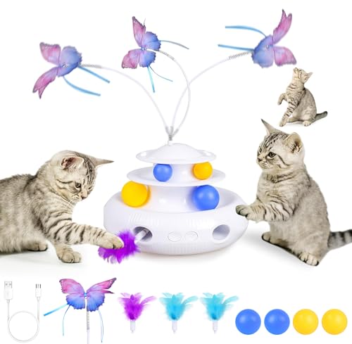 Gyuzh Cat Automatic Toy,3 in 1 Interactive cat Toys,Automatic Interactive Cat Toys USB Rechargeable with Feather and Butterfly Balls for Indoor Cat Kitten