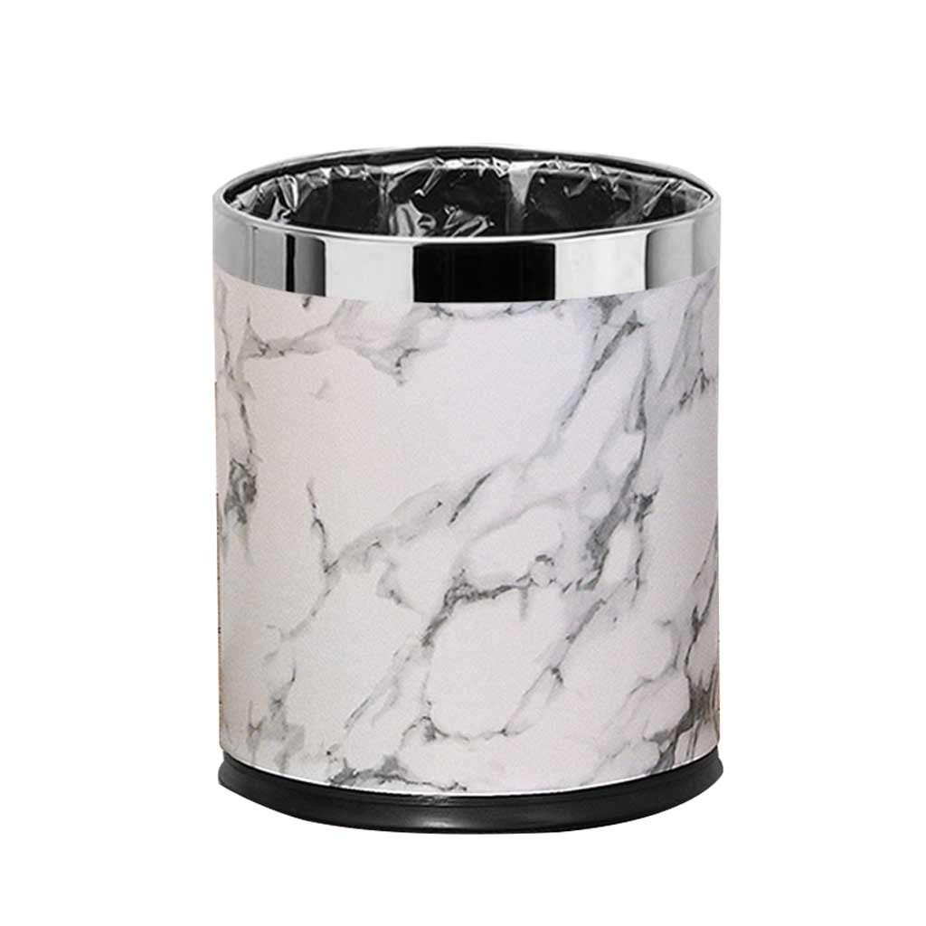 XFENG Luxury Metal Waste Bin with Leather Cover, Open Top Office Wastebasket, Double Layer Trash Can, Round Shaped (Color : Silver)