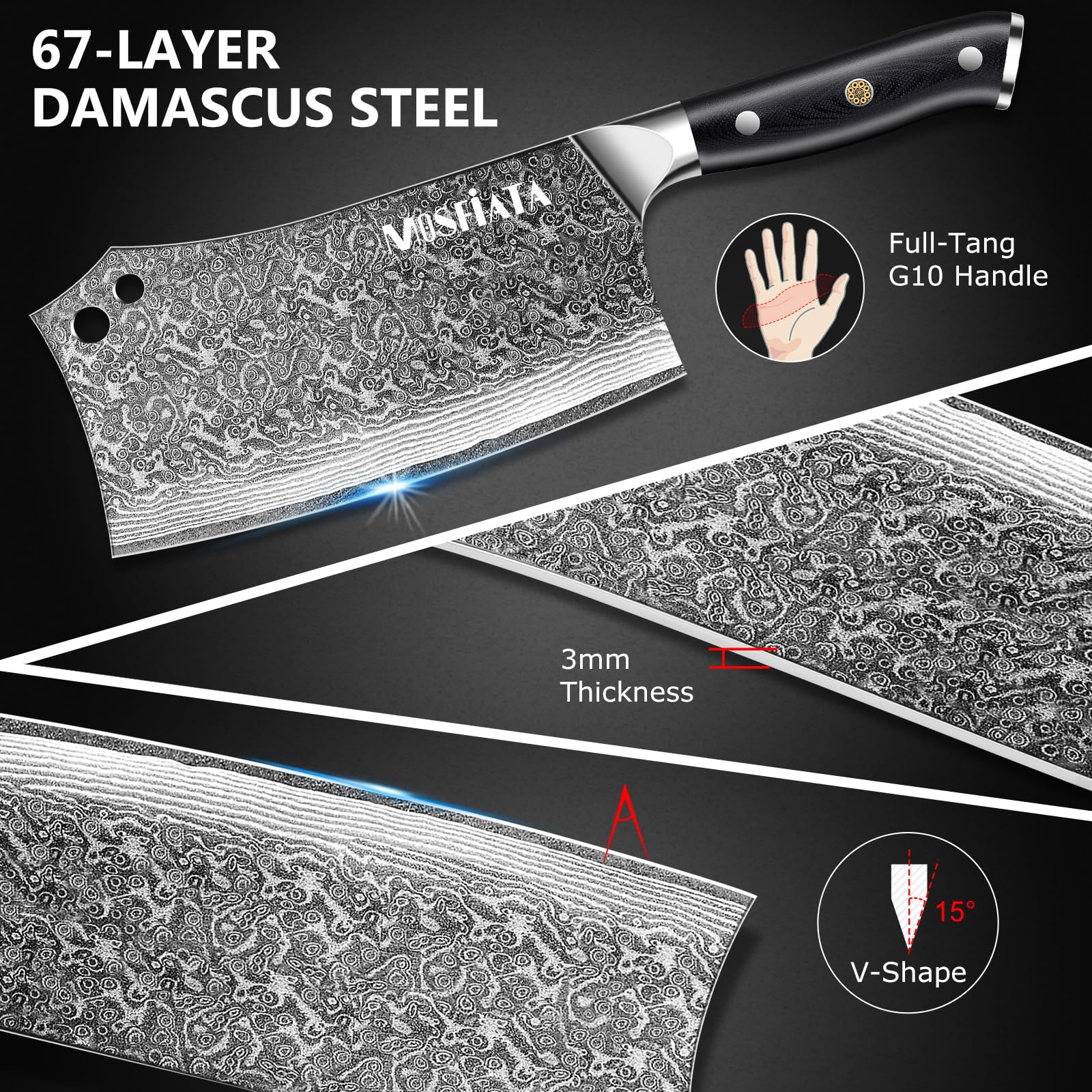 MOSFiATA Damascus 7” Cleaver Knife,Ultra Sharp Vegetable and Meat Butcher Knife with Finger Guard for Home Kitchen and Restaurant