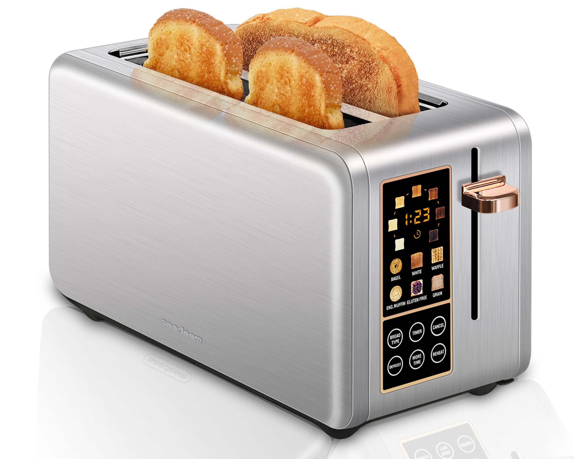 SEEDEEM Toaster 4 Slice, Long Slot Toaster with LCD Display Touch Buttons, 7 Shade Settings, 6 Bread Selection, Stainless Steel Toaster for Bagel, Removable Crumb Tray, 1400W, Silver Metallic