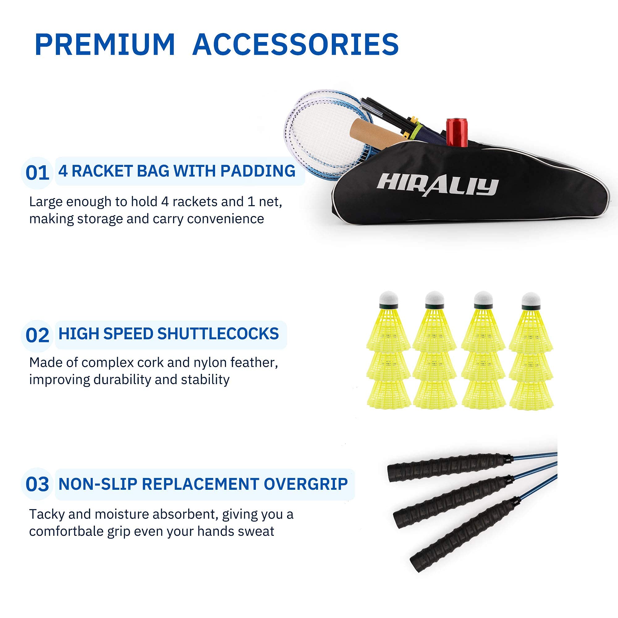 HIRALIY Complete Badminton Set, Badminton Rackets Set of 4 for Outdoor Backyard Games, Includes 1 Portable Badminton Net, 4 Rackets, 12 Plastic Shuttlecocks, 4 Replacement Grip Tapes and 1 Carry Bag