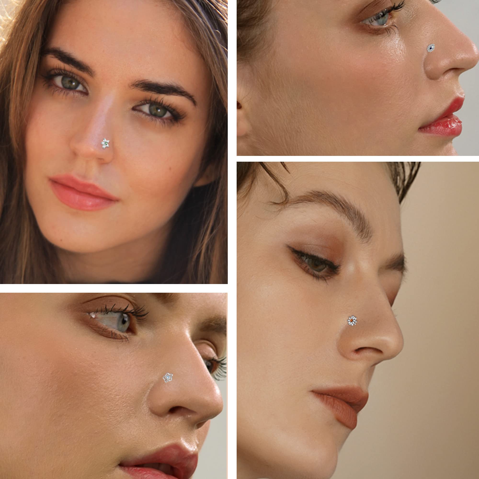 JOERICA 12 Pcs 20G Nose Ring Stud 316L Stainless Steel L Bone Shaped Nose Studs Butterfly Evil Eye Flower CZ Nose Stud for Women Men Nose Piercing Jewelry