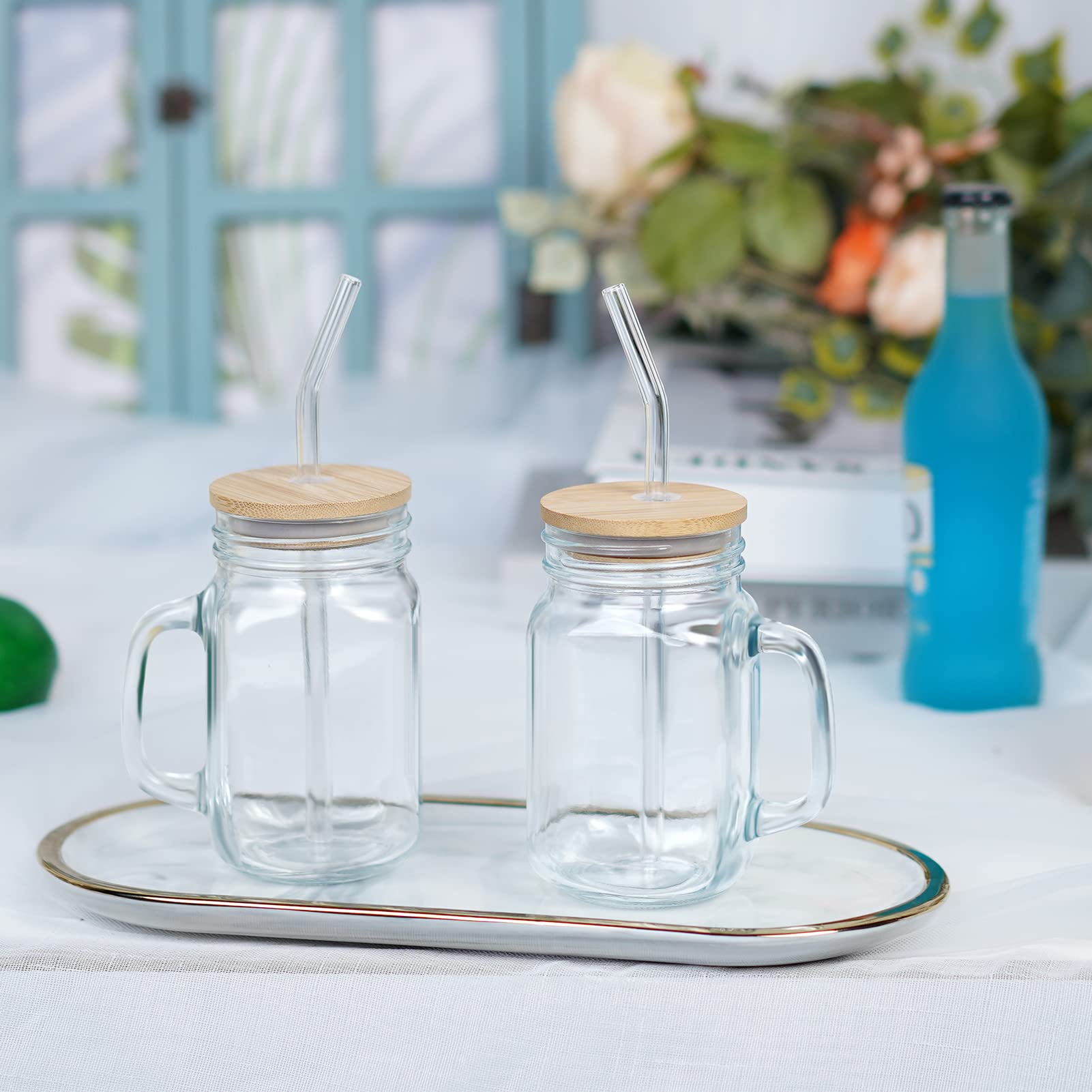 Mason Jars with Handle, Mason Jars Glass Cups with Bamboo Lid , Colorful Airtight Lids & Straws, 16 oz Reusable Boba Bottle, Iced Coffee Cup, Travel Tumbler for Bubble Tea, Smoothie, Juice - 4 Pack
