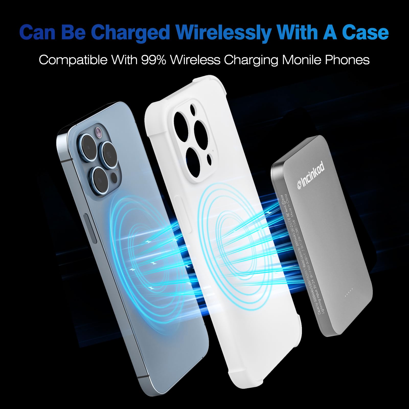 Incinkod 5000mAh Portable 15W Wireless Magnetic Power Bank,Aluminum Alloy Fast Charging Charger,Sliver Ultra-Thin Mini Lightweight External Battery Pack Compatible for MagSafe iPhone 11 12 13 14 15