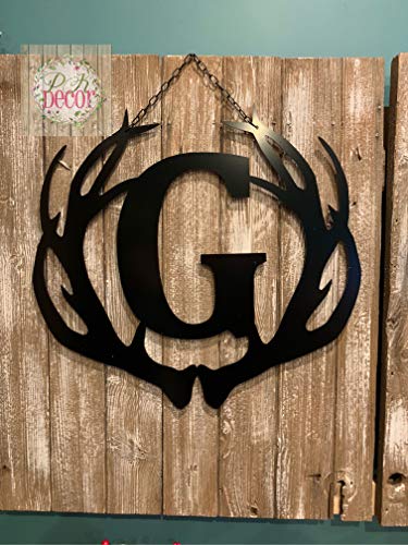 PK Decor Personalized ACM Metal Sign Deer Antler Decorations for Rustic Home Wall Decor, Customizable Last Name Initial Monogram, Buck Antler Door Hanger, Great Outdoor Hunter Gift (Block Initial)