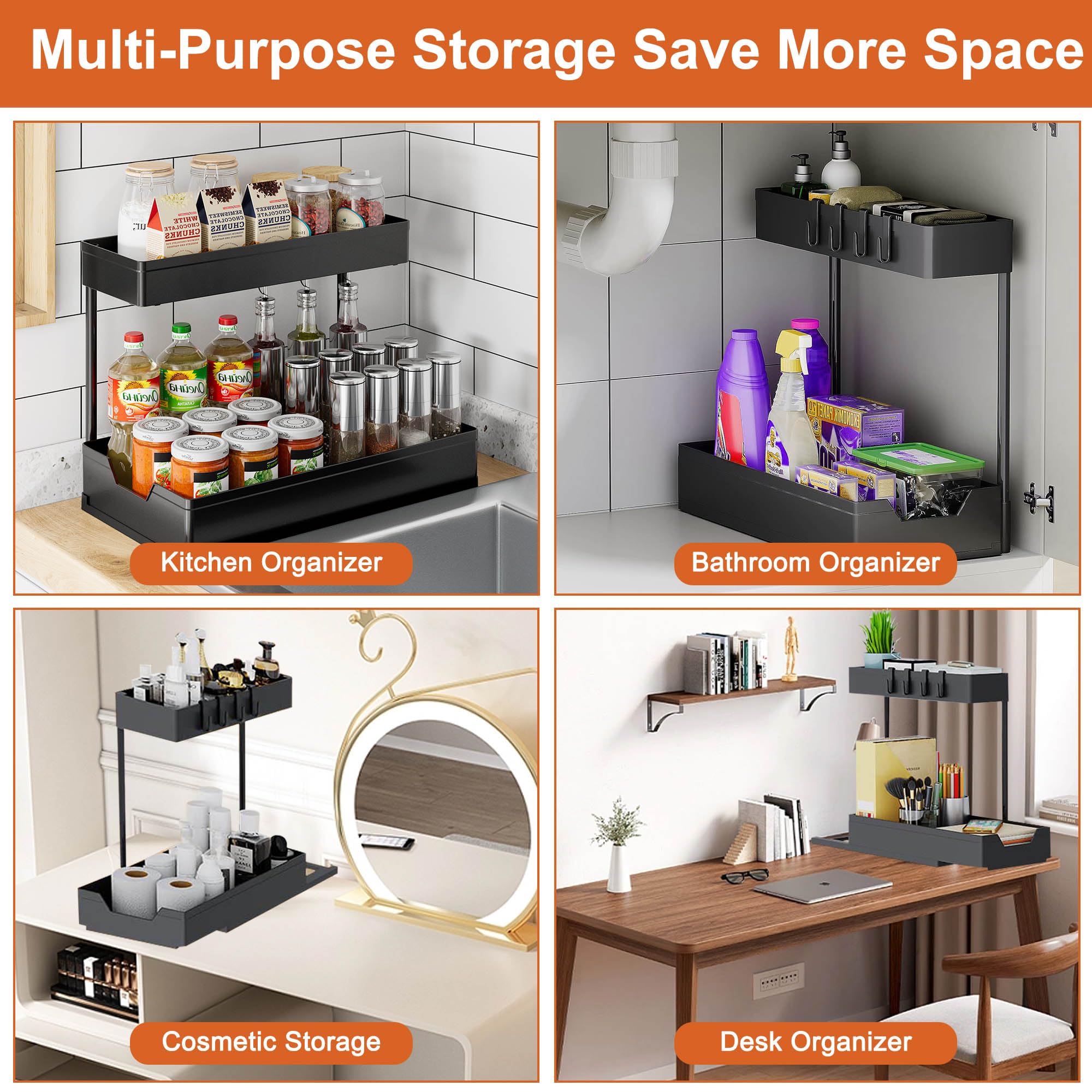 HISKIWUU Under Sink Organizers and Storage L-Shape Easy Assembly,Bathroom Sink Organizer Durable Pull-Out with Sliding Drawer,Under Sink Organizer Large Capacity with Hooks,2 Pack,Black