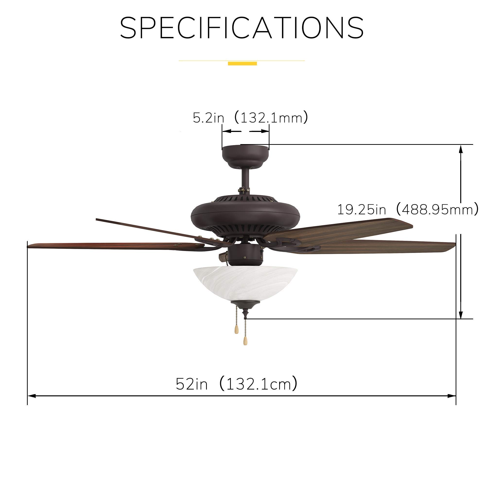 Inlight 52 Inch Indoor Ceiling Fan with 2 Lights, Home Decor Ceiling Fan with Pull Chain Control, Frosted Glass Bowl, Oil Rubber Bronze Reversible Motor Low Profile Ceiling Fan, 5 Blades, IN-0701-2-BZ