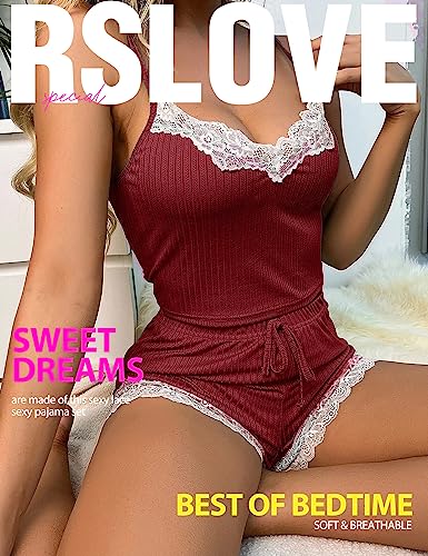 RSLOVE Women's Sexy Pajamas Sets Lace Trim Cami Shorts Sets PJ Set Lounge Set Sleepwear Wine Red Small