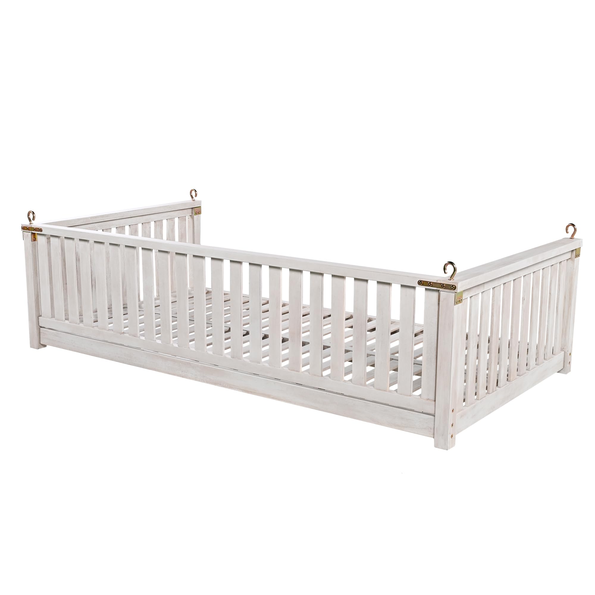 Patio Minimalist Twin Size Garden Swing Bed Wood Porch Swing with Ropes for Backyard, Safe Sloped Design (White)