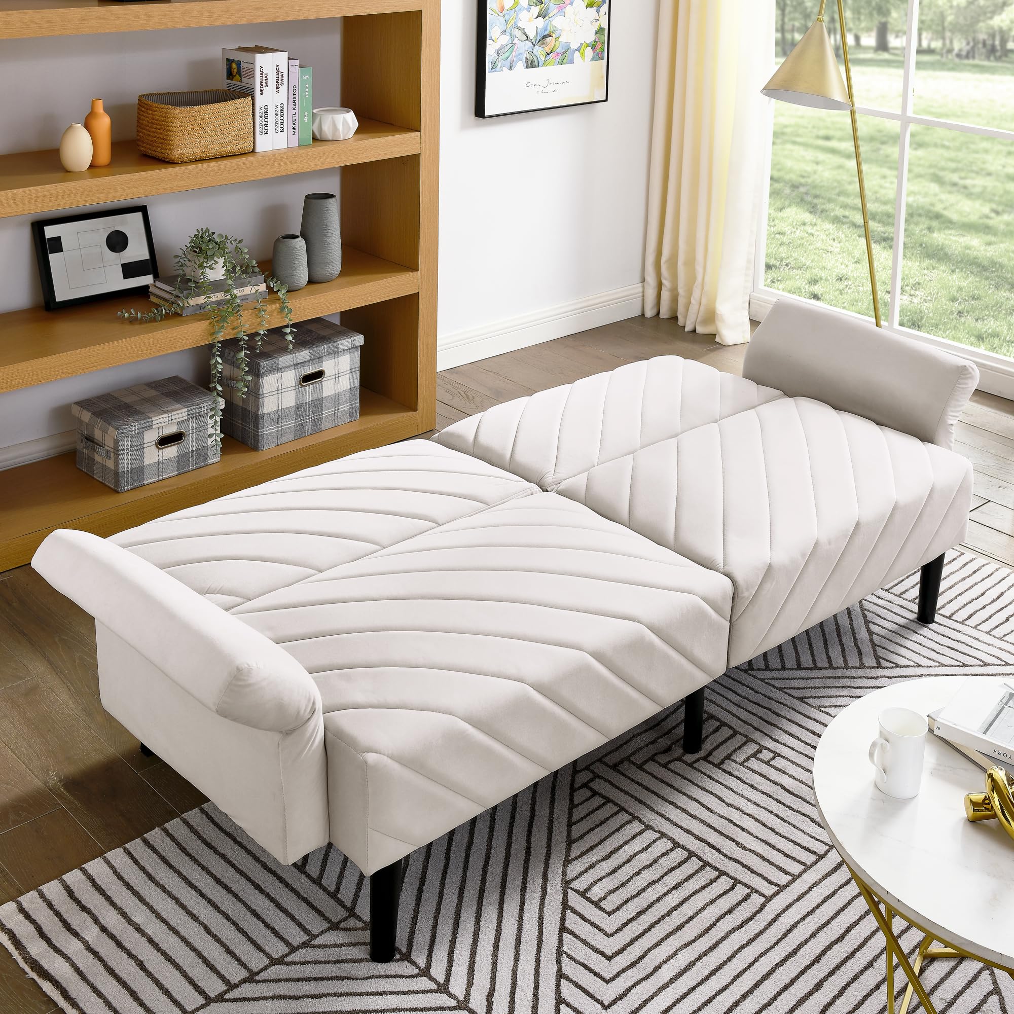 OUYESSIR 78 inch Velvet Futon Sofa Bed, Small Couch, Convertible Futon Sleeper Sofa with Folding Armrests, Modern Loveseat Couch for Bedroom, Living Room (Beige)