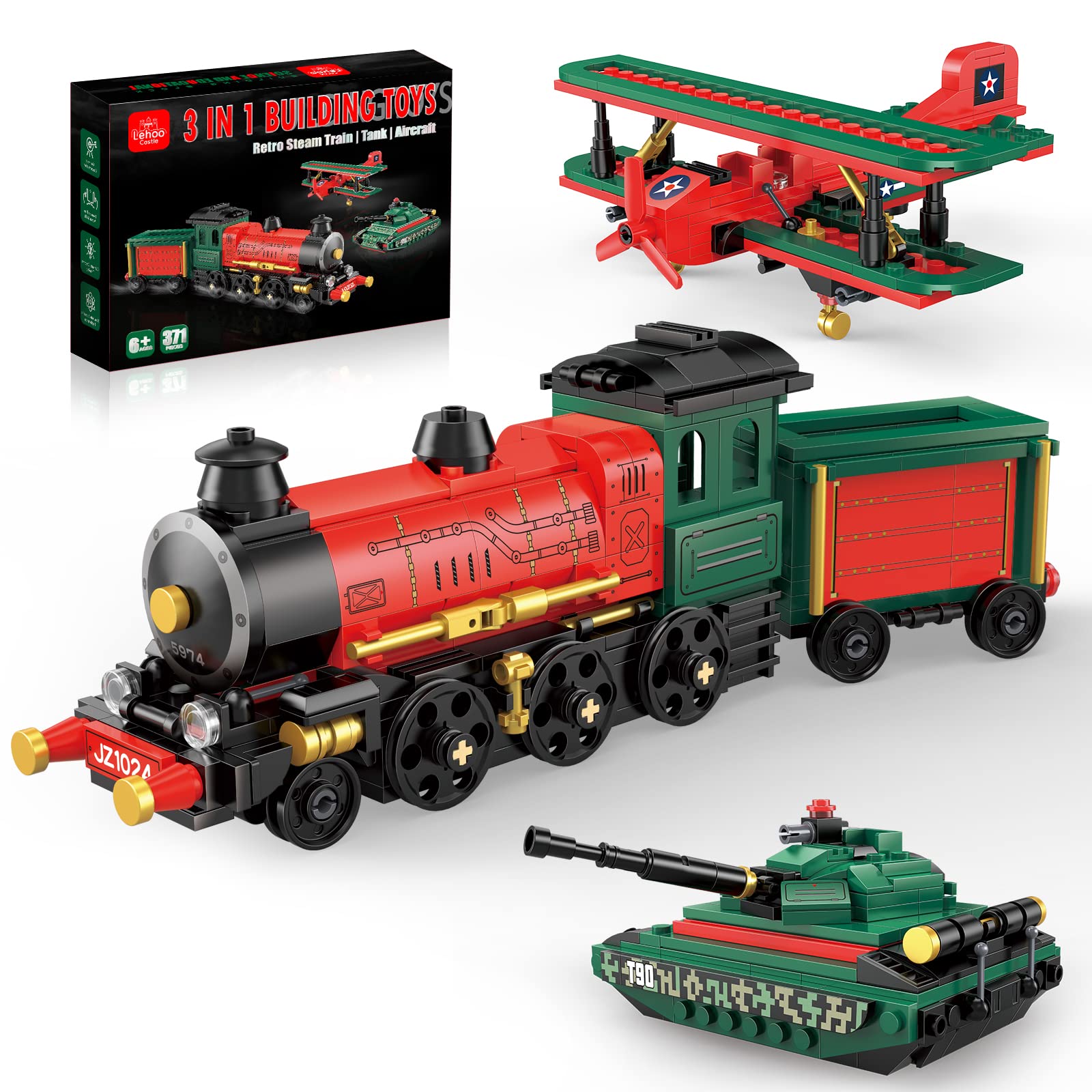 Lehoo Castle Train Set, 3 in 1 Toy Building Sets, Creative Educational Birthday Gift, Include Train Tank Airplane, Stem Projects for Kid Boy Girl 6 7 8 9 10+, 371 Pieces