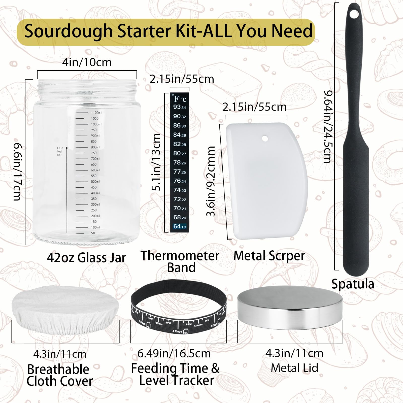 Nolniu Sourdough Starter Jar, 42 oz Large Capacity Sourdough Starter Jar with Date Marked Feeding Band, Sourdough Jar Scraper, Cloth Cover & Metal Lid, Sourdough Starter Kit