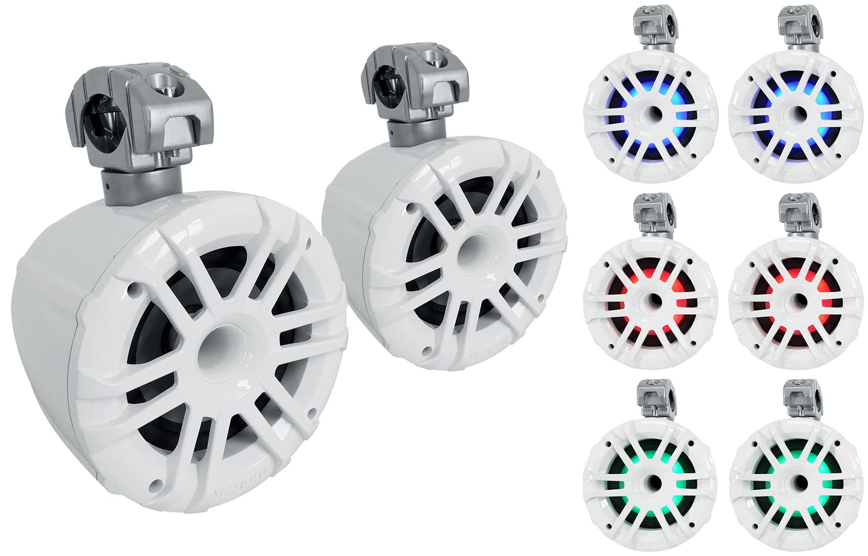 Memphis Audio 4 MXA62TW 6.5" Marine Wakeboard Tower Speakers/LED+Swivel White Bundle with Rockville RGHR51 5 Zone Single Din Marine Receiver (5 Items)