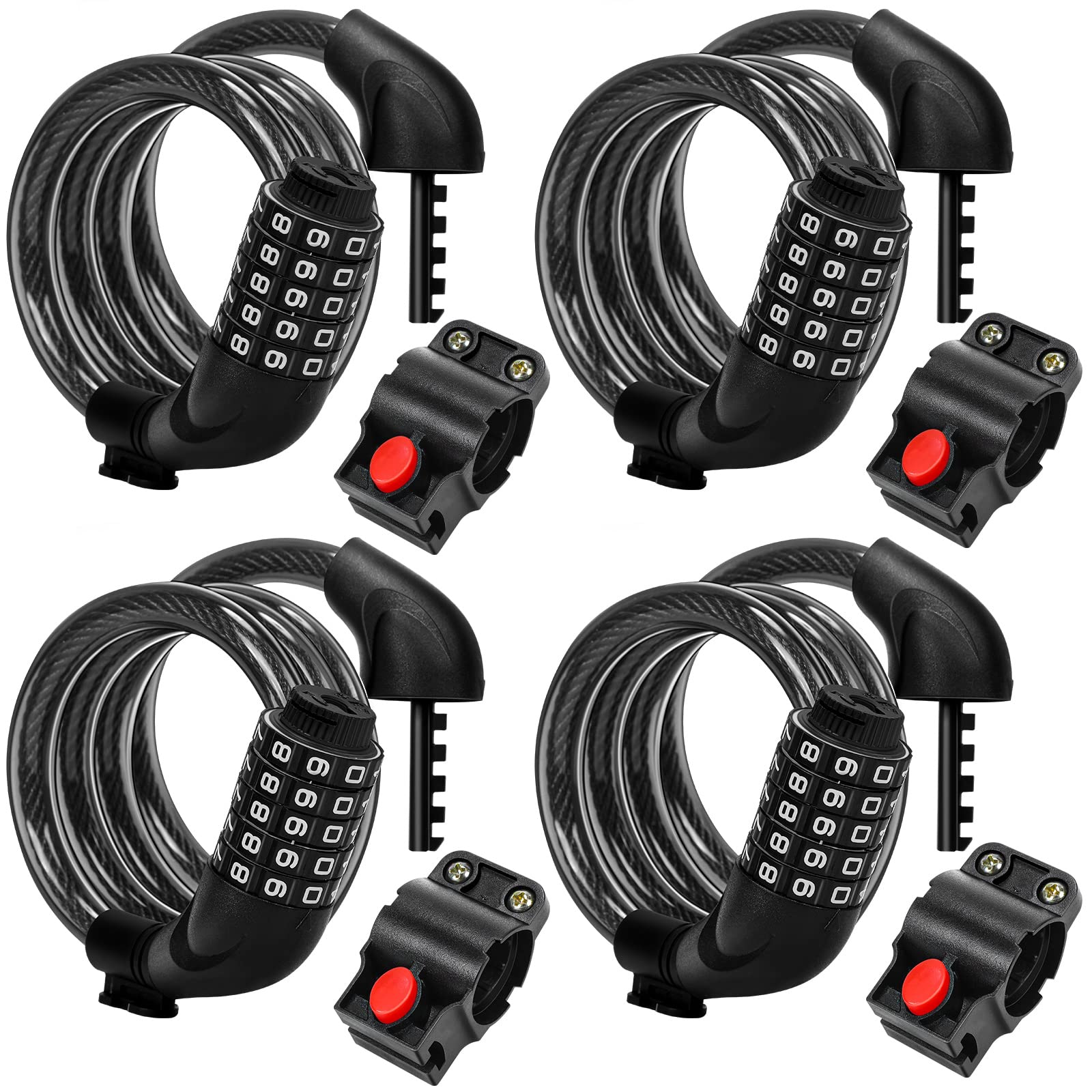 Hoteam 4 Pcs 4 Feet Coiled Bike Lock 5 Digit Resettable Combination Bike Cable Lock Heavy Duty Security Anti Theft Bicycle Lock with Mounting Bracket for Bikes Scooter Door Gate Fence (Black)