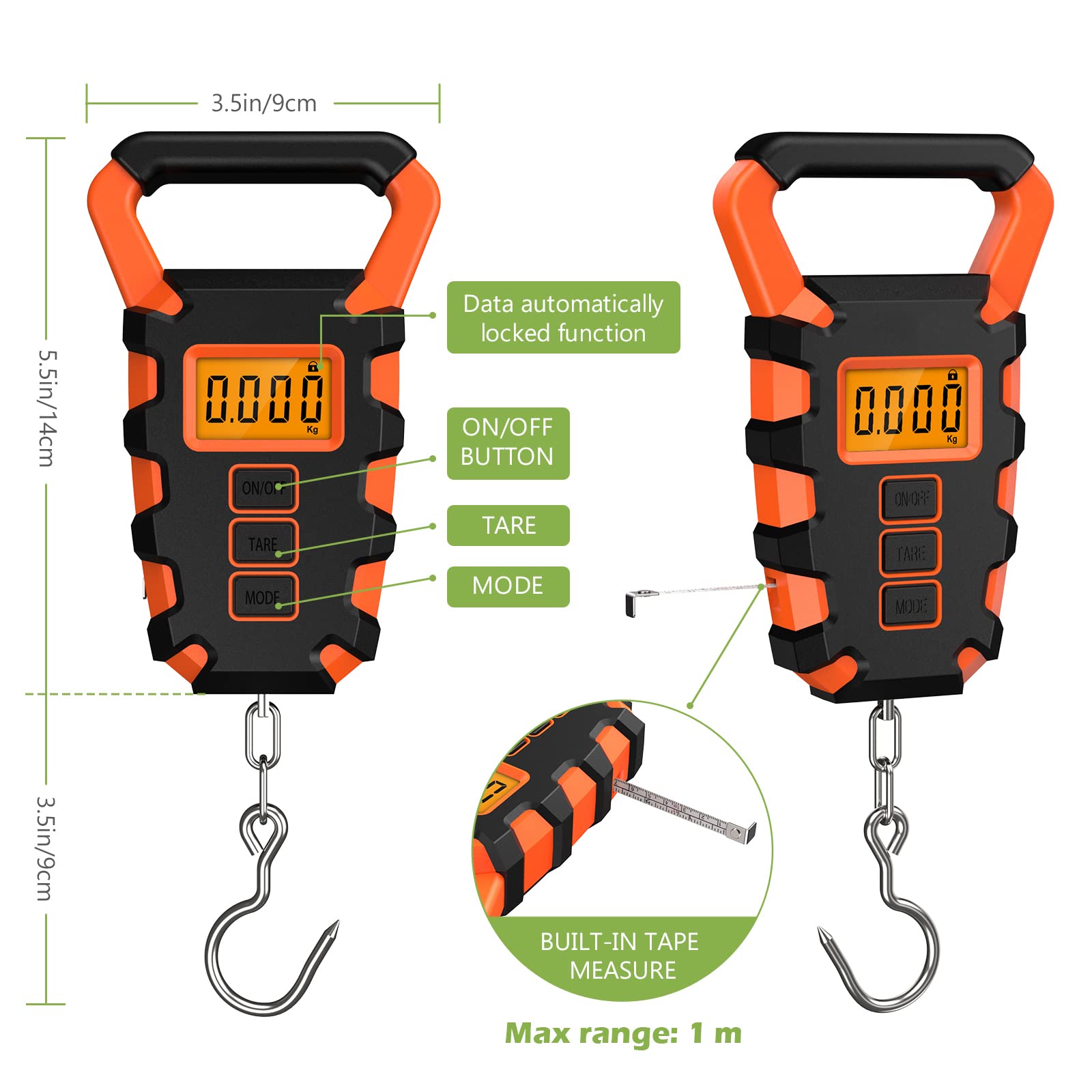 KeeKit Digital Fishing Scale with Ruler, 110lb/50kg Electronic Digital Luggage Scale, Waterproof Fishing Postal Hanging Hook Scale with Measuring Tape, Backlit LCD Display (Batteries Included)