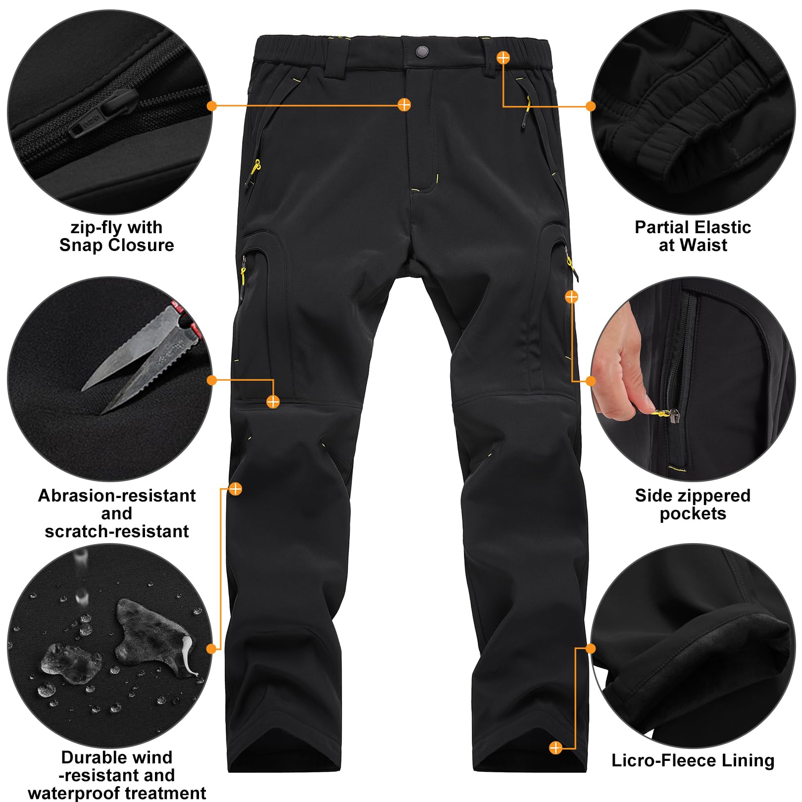 Hubunucc Men's Fleece Lined Soft Shell Winter ski Insulated Water and Wind-Resistant Hiking Rain Pants,MH4409,Black,US 34
