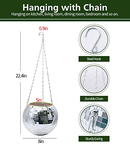 RUBY.Q Disco Ball Planter, 4"/6"/8" Silver/Rose Gold Disco Planter, Disco Ball Plant Hanger with Rope Chain Circle (8", Silver)