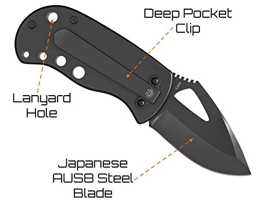 Off-Grid Knives - FAT BOY BLACKOUT Pocket Tank Manual Folding Utility Knife - Compact EDC, Razor Sharp Japanese AUS8 Steel, Deep Carry Clip, Safe Button Lock Release (Blackout)