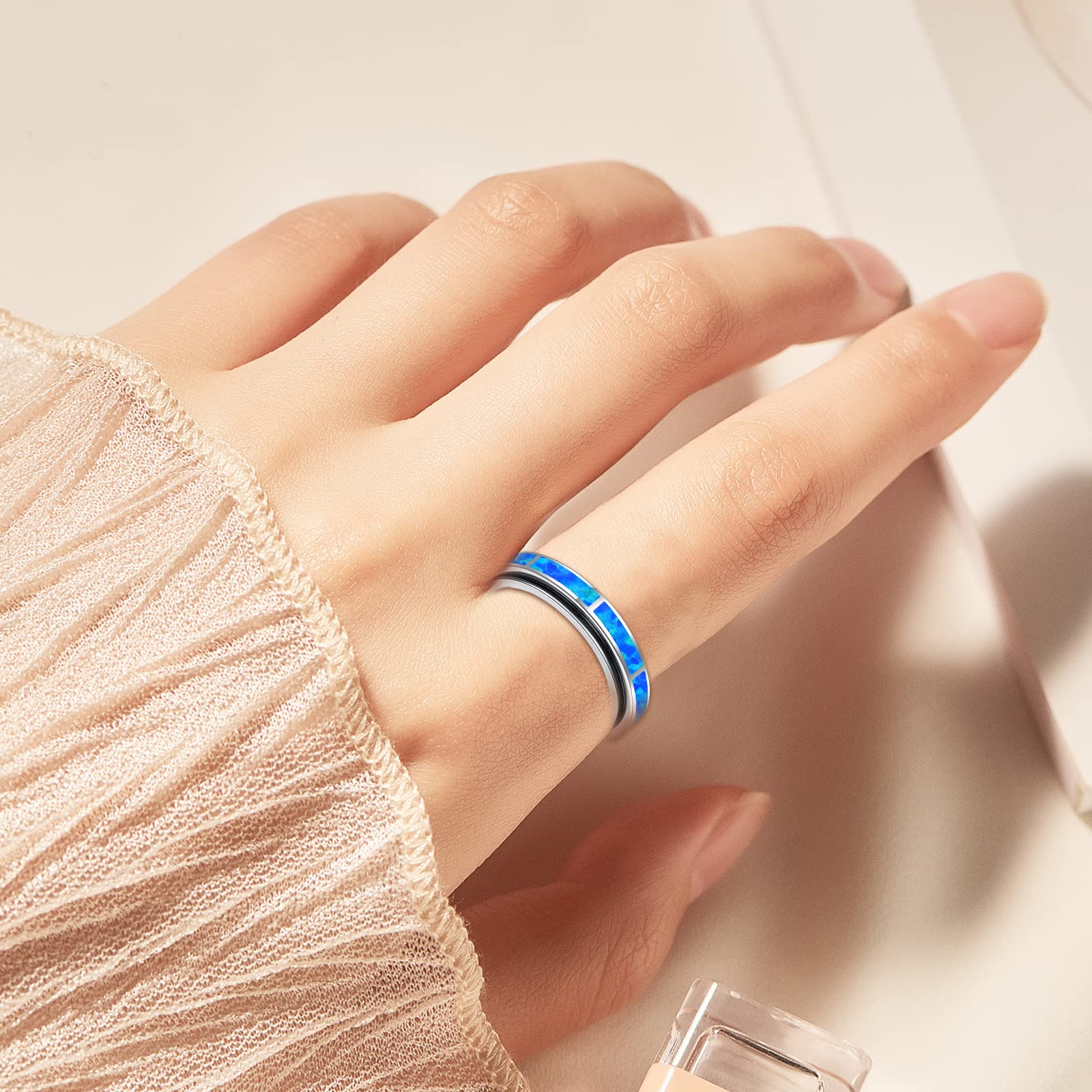 JUSTKIDSTOY Opal Fidget Ring Sterling Silver Blue Opal Spinner Ring for Anxiety Mood Worry Relieving Boredom ADHD Autism Jewellery Gifts for Women (8)