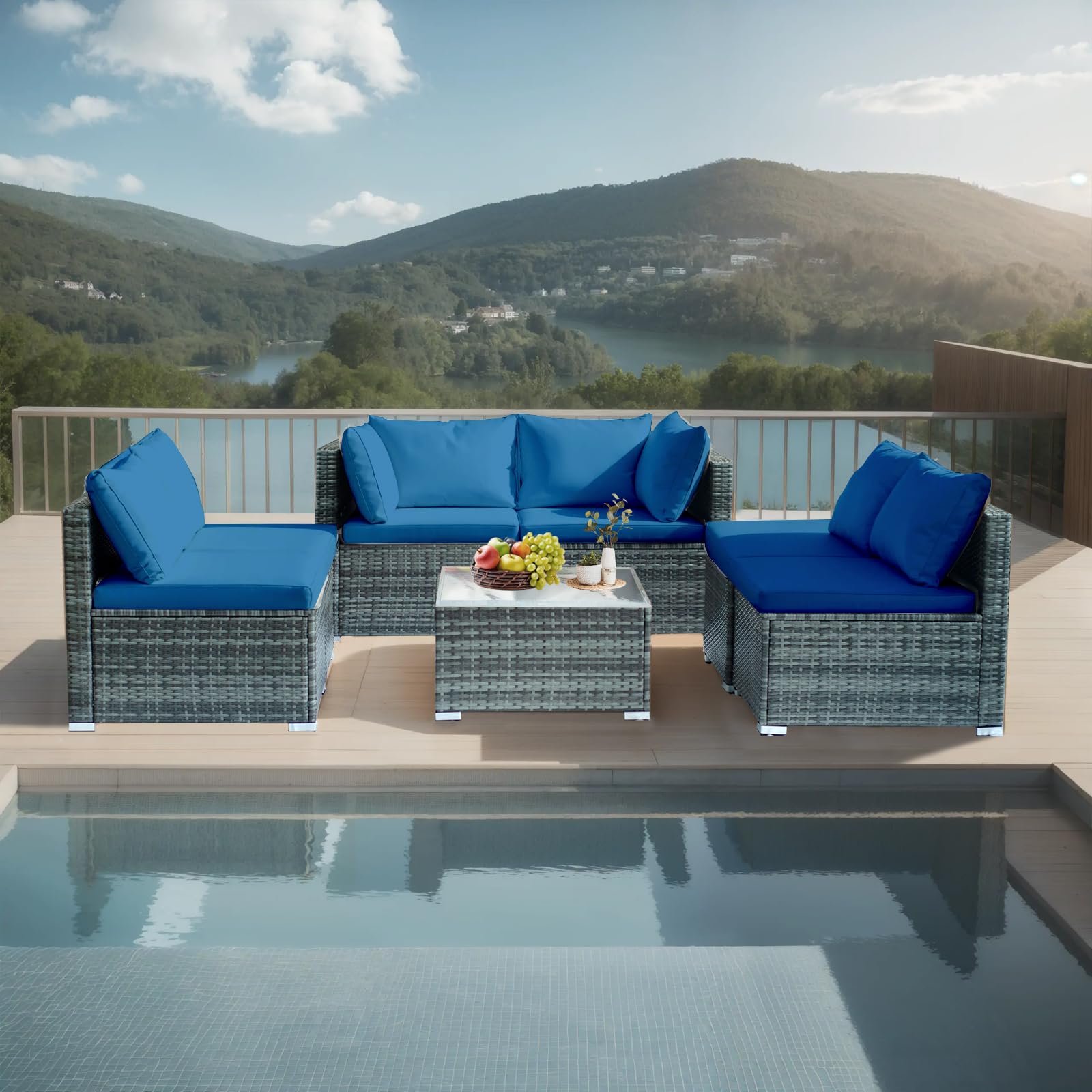 PatLoom 7-Piece Outdoor Furniture Set, Wicker Patio Sofa, Elegant Patio Conversation Set with Glass Top Coffee Table, Cushioned Sectional Sofa for Garden, Backyard, Poolside, Balcony (Brown&Grey)