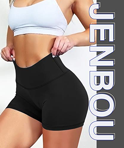 Jenbou Workout Shorts Womens High Waisted Scrunch Butt Lifting Booty Shorts Gym Tummy Control Spandex Yoga Pants Black