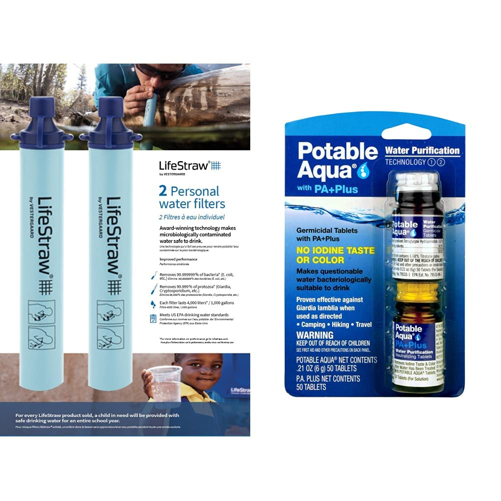 LifeStraw Personal Water Filter for Hiking, Camping, Travel, and Emergency Preparedness, 2 Pack, Blue & Potable Aqua Water Purification Tablets with PA Plus - Two 50 Count Bottles