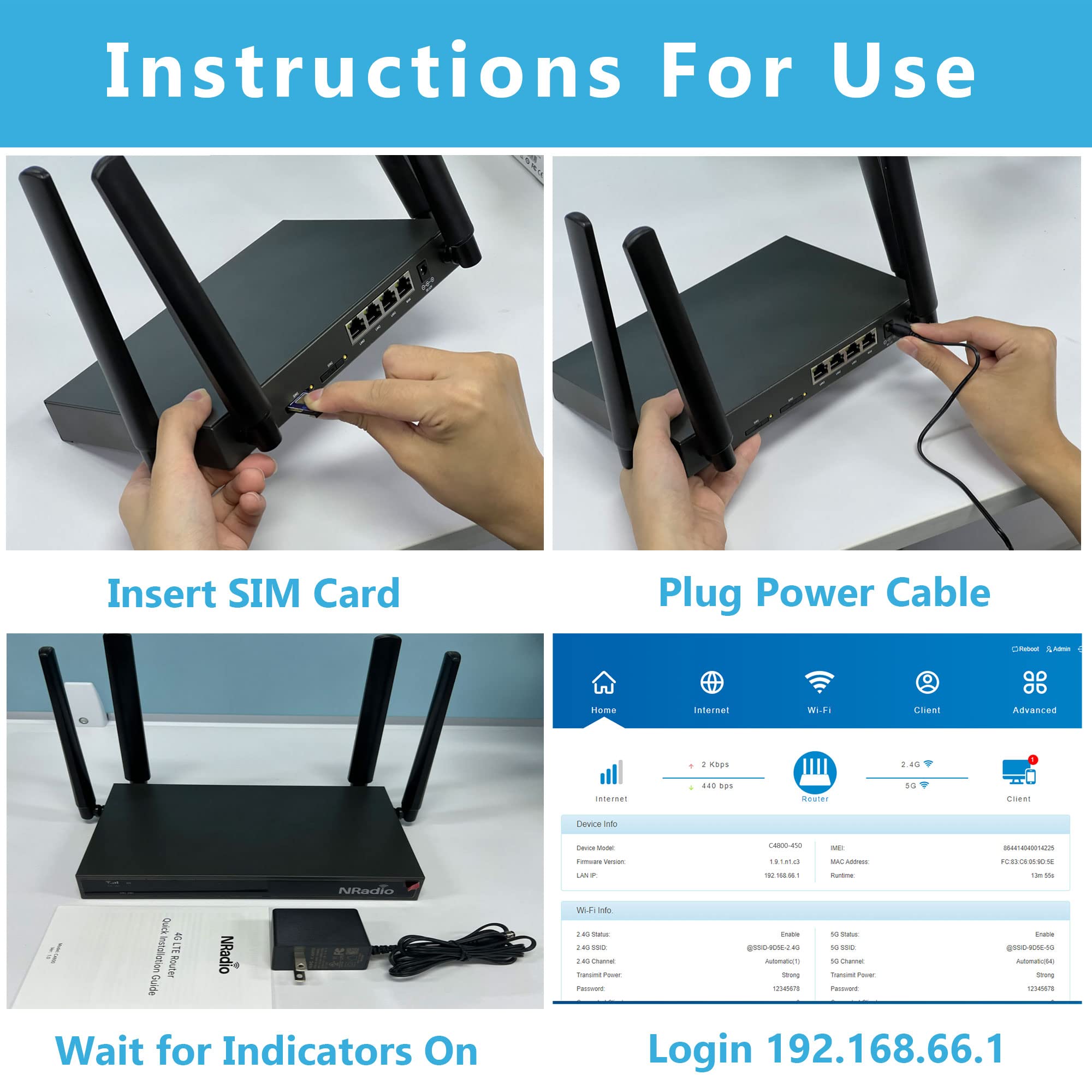 NRadio 4G LTE Router, AC1200 Unlocked 4G LTE Modem Router with SIM Card Slot, 1200Mbps, EC25-AFXD Qualcomm Chipset, Dual-Band 4G Router Cellular Backup, 4 Foldable Antennas (C4800)