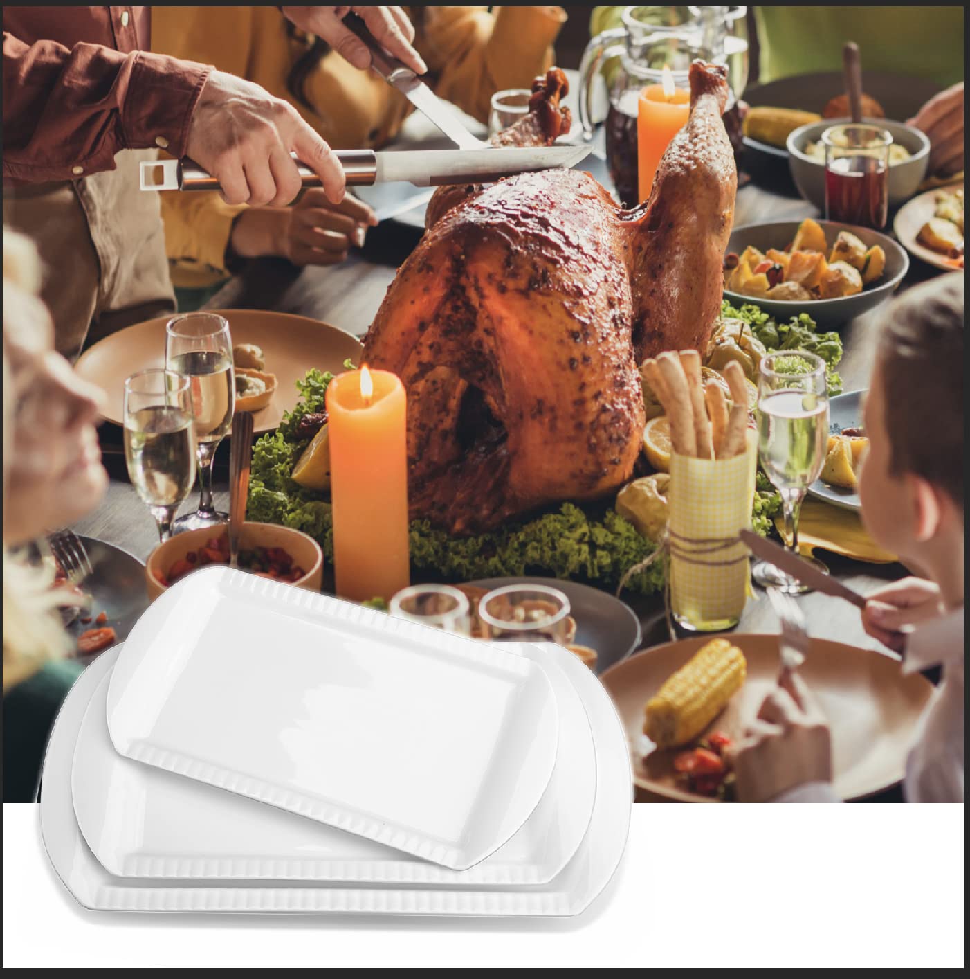 LIFVER Cutlery Set, 16"/14"/12" Turkey Platter 10" Rectangle Serving Plate 3 Oz Ceramic Dip Bowls Set- Porcelain Serving Dishes Dinner Plates for Thanksgiving Christmas Party Entertaining