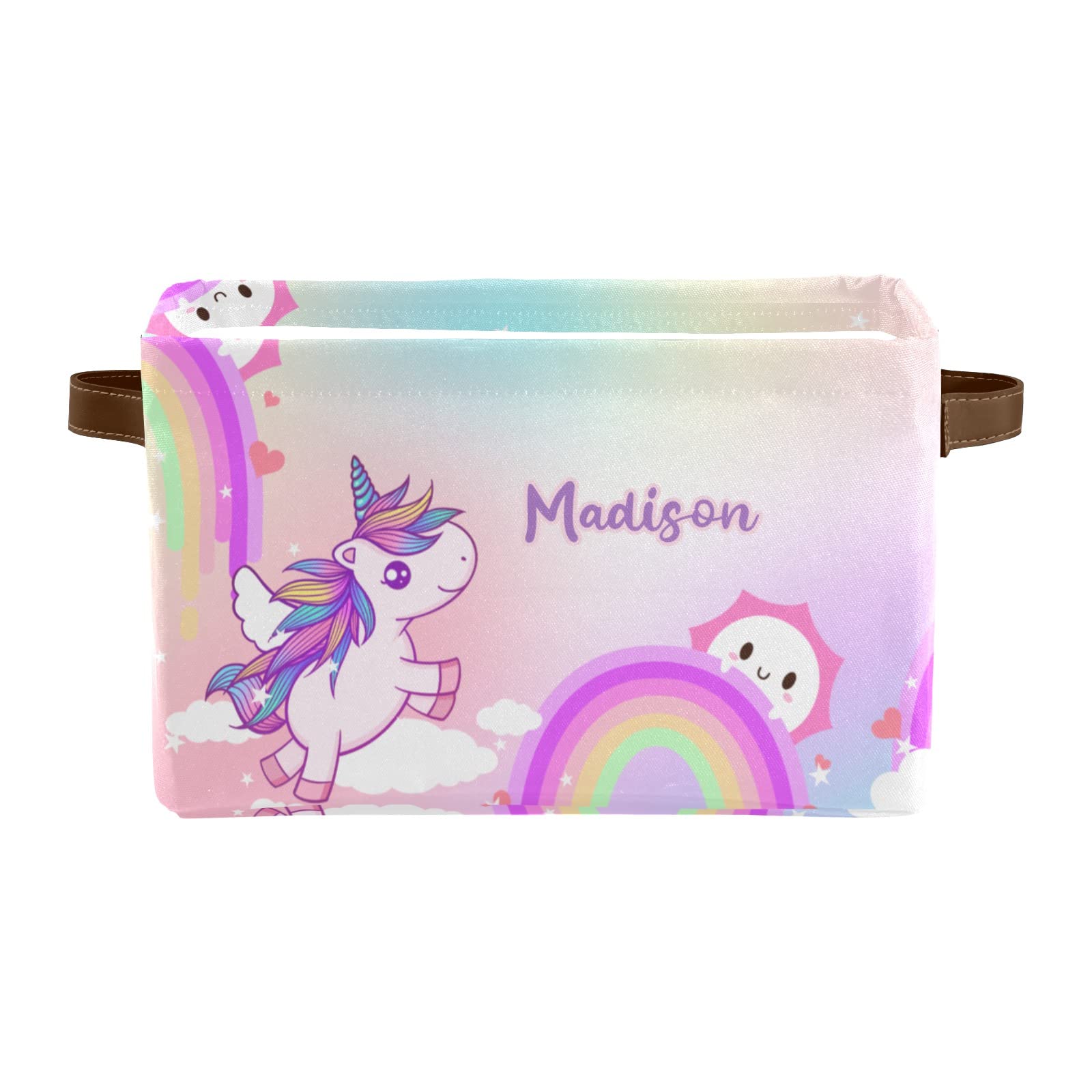 Rainbow Unicorn Personalized Storage Basket,Custom Storage Bins Cubes Organizer with Handle for Bedroom Wardrobe,Nursery,Basket 1 Pack