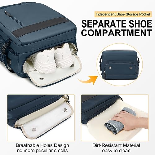 InduSKY Large Travel Backpack for Women, 40L Carry On Backpack Airline Flight Approved with USB Charging Port Shoes Compartment, Personal Luggage Backpack 15.6 Inch Laptop Backpack(Beige+Navy Blue)