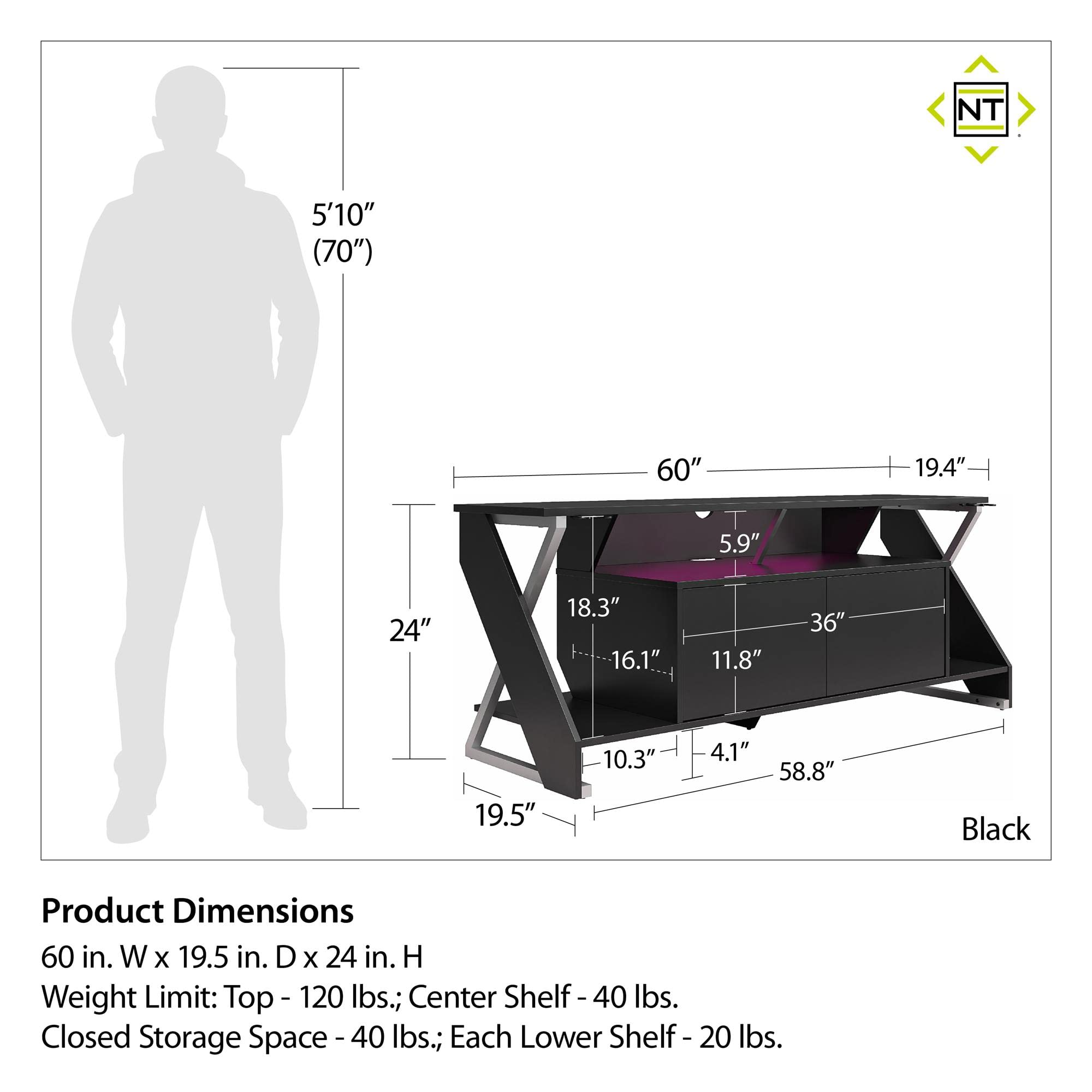NTense Xtreme Gaming Console Stand with LED Light Kit for TVs up to 65", Black