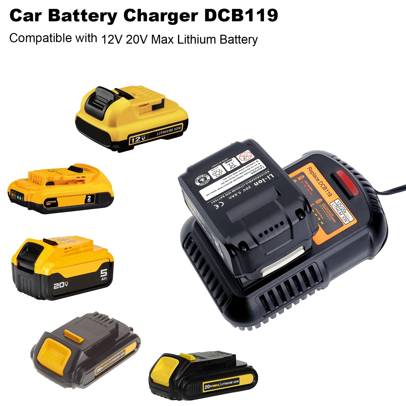 Kotoate DCB119 Car Battery Charger Compatible with 12V, 20V & 60V MAX Lithium Ion Battery DCB203 DCB201 DCB204 DCB206 DCB606 DCB609 DCB120 Replacement for 20V MAX Vehicle Charger