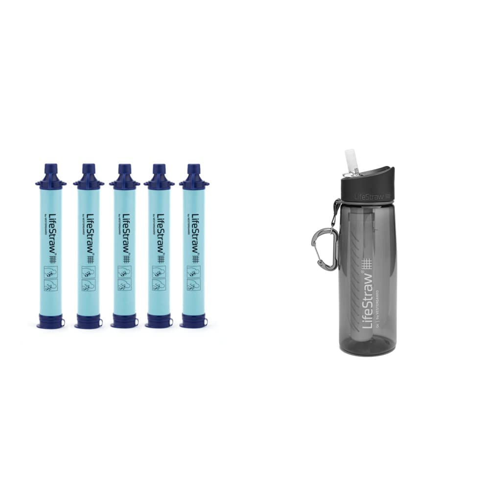 LifeStraw Personal Water Filter for Hiking, Camping, Travel, and Emergency Preparedness, 5 Pack, Blue & Go Water Filter Bottle, Grey, Model:LSGOV2CR44