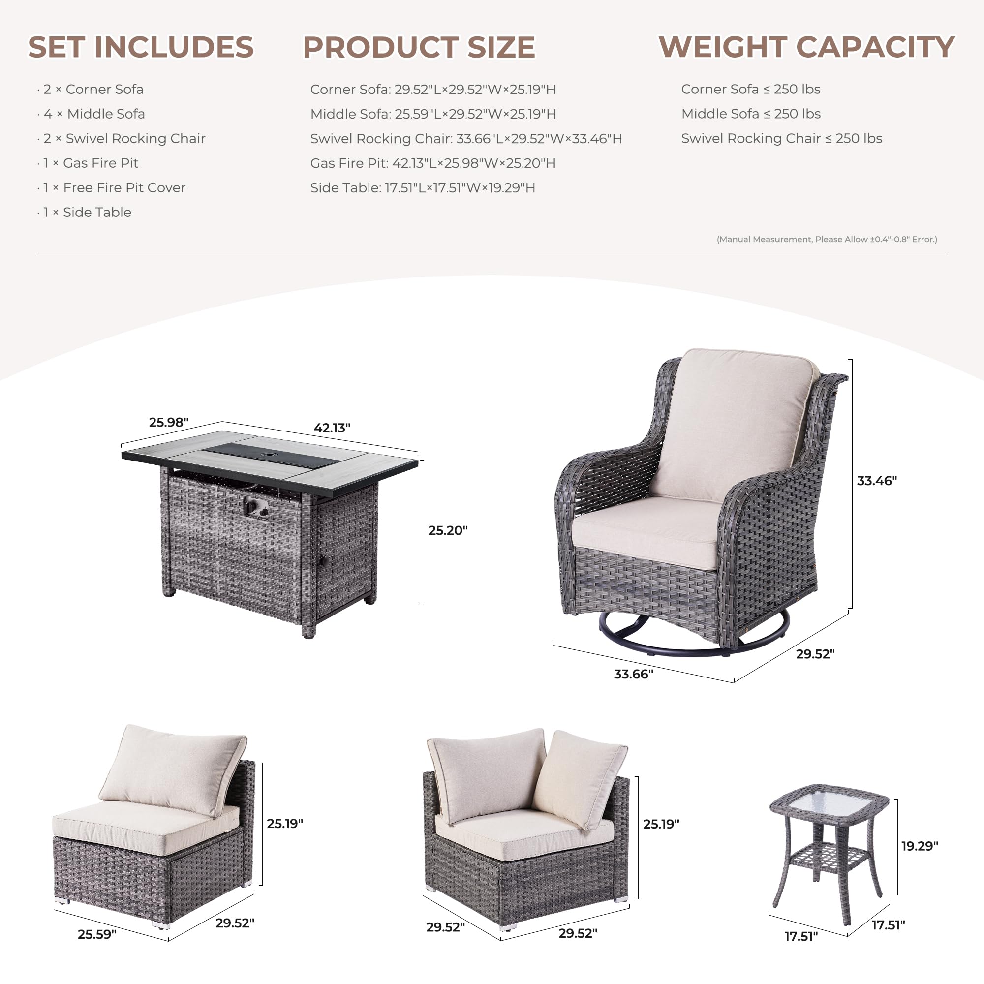 XIZZI Patio Furniture with Swivel Rocking Chairs,10 PCS Outdoor Sectional Sofa with 42" 50000 BTU Propane Fire Pit Table and Side Table,All Weather PE Rattan Outside Conversation Set (Beige)