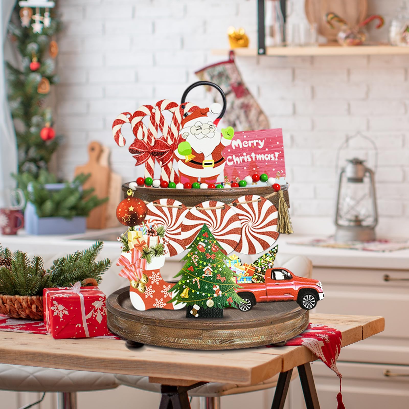iNextstation 10 Pieces Farmhouse Tiered Tray Decor Set Dog Wooden Signs Rustic Farmhouse Decor Summer Hierarchical Tray Decorative with String Lights Tiered Tray Decorations for Home Kitchen Table