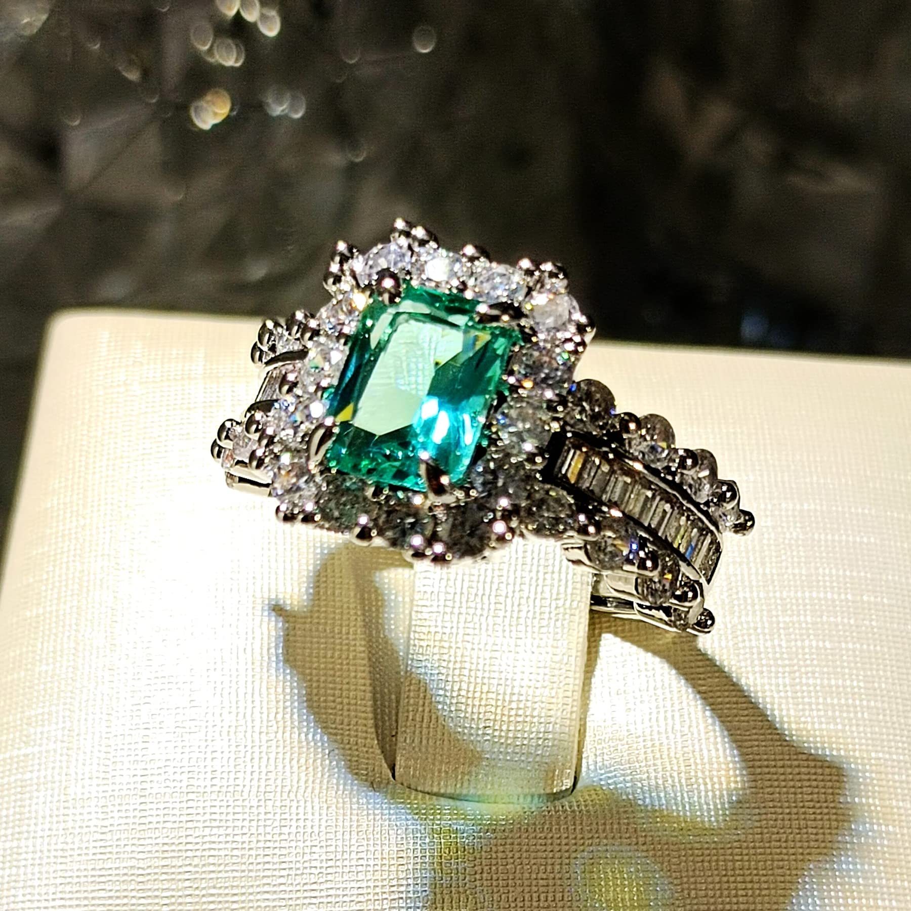 KINMOT Pretty Baguette Cut Shank Halo Sky Blue Square Zircon Engagement Rings Gift for Her