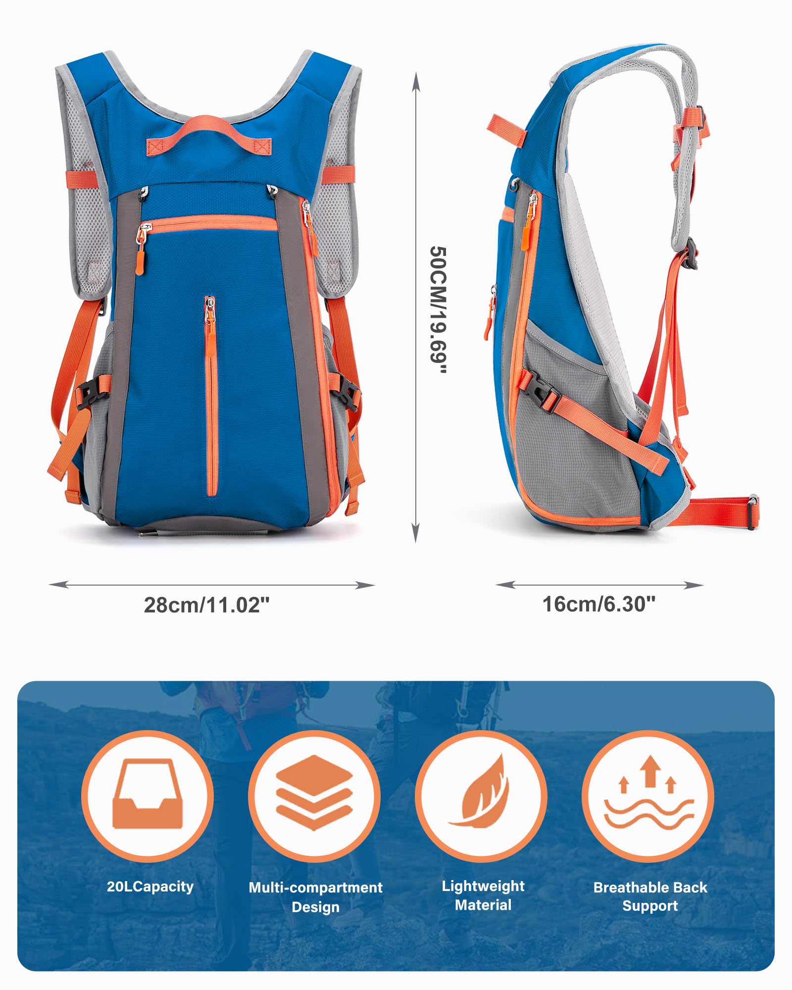 kibachev Small Hiking Backpack for Women Men Hiking Daypacks Waterproof Trekking Backpack Lightweight Travel Backpack Outdoor Backpack Hiking bag(Blue)