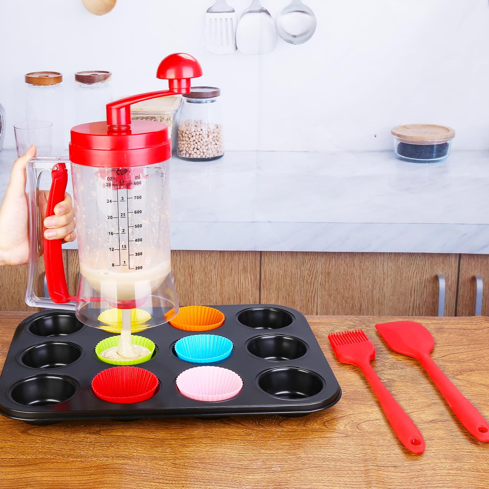 IBEIYO 40oz Pancake Batter Dispenser Stainless Steel Funnel Dispenser with Stand for Cupcakes,Waffles,Cookies,Baked Goods (Includes 12 Baking Accessories)
