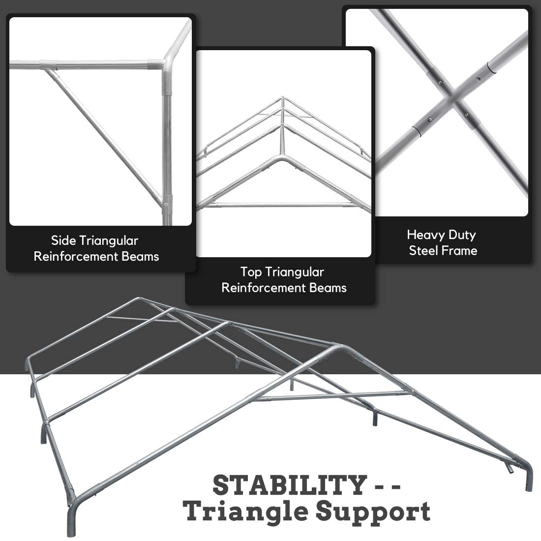 PEAKTOP OUTDOOR 12'x20' Heavy Duty Carport, Portable Car Canopy, Garage Tent, Boat Shelter with Reinforced Triangular Beams and Ground Bar, Grey