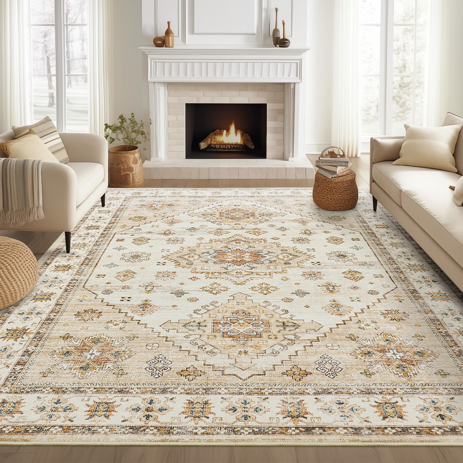 Roxstand Washable Rugs 8x10, Ultra-Thin Non-Slip 8x10 Area Rugs for Living Room, Soft Vintage Large Area Rug, Foldable Farmhouse Bedroom, Dining Room Rug (Light Brown/Beige, 8'x10')