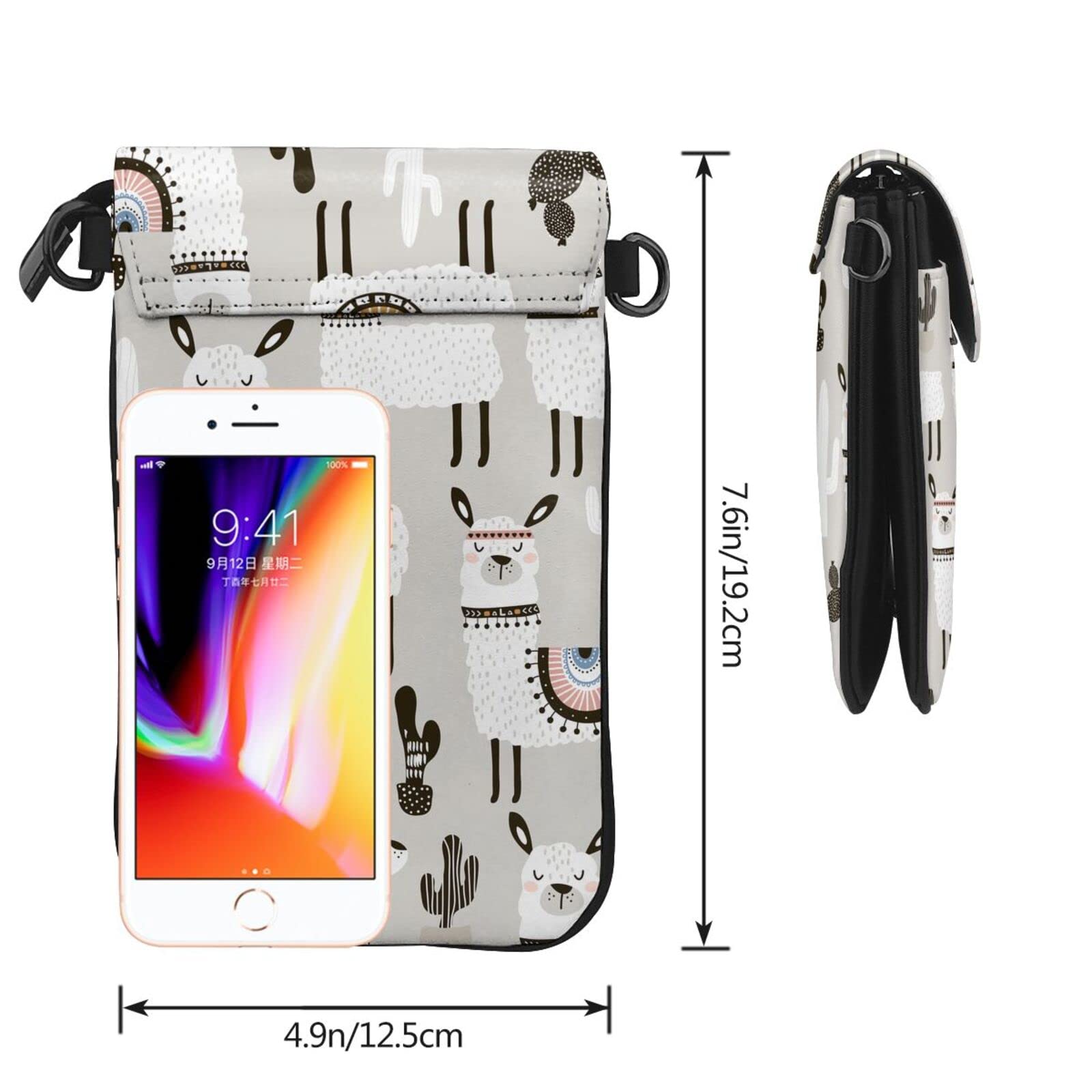 Llama Cactus Hand Drawn Women Cell Phone Purse Leather Shoulder Crossbody Bag Wallet Pouch