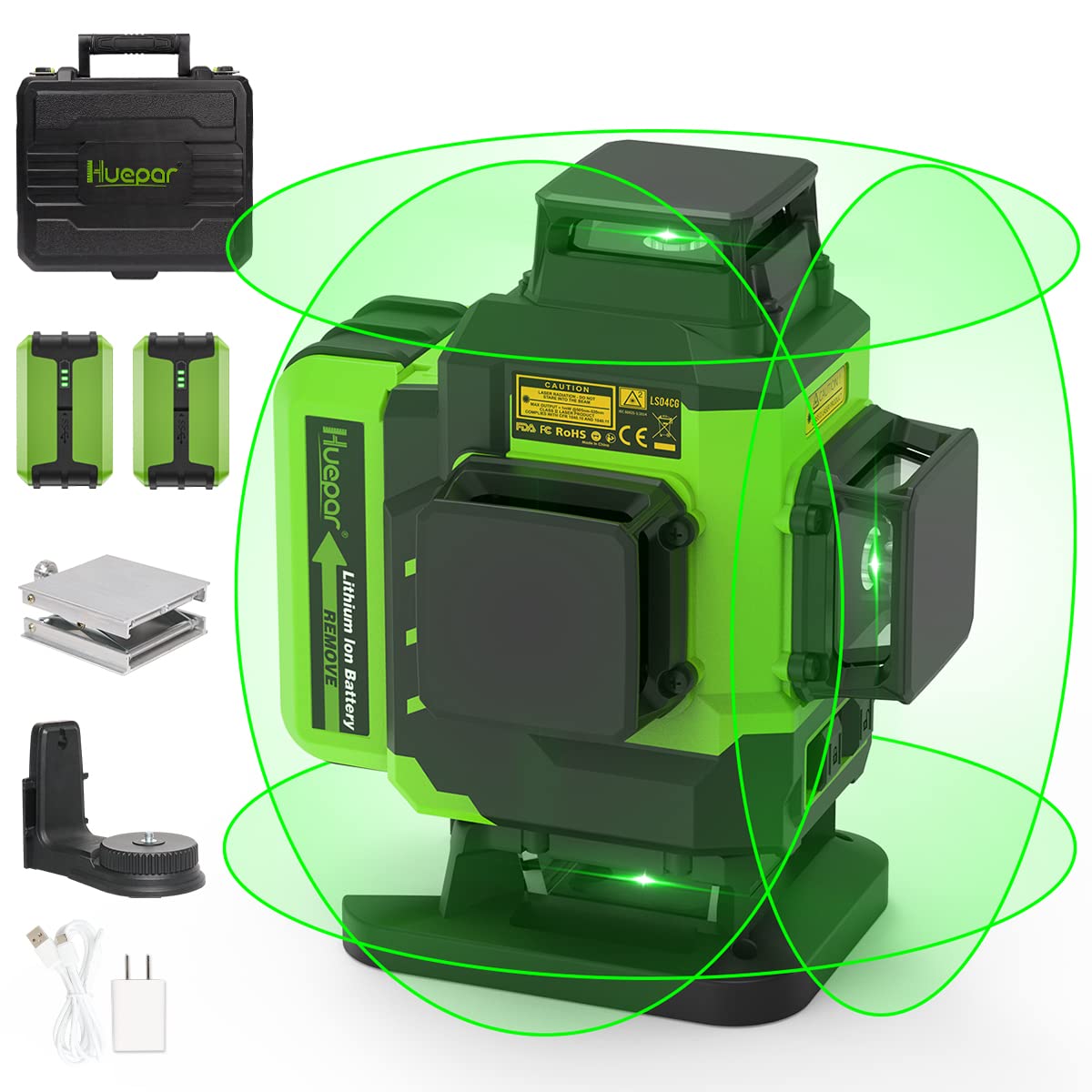 Huepar Multi-Line Laser Level-Four Vertical and One 360° Horizontal Lines with Plumb Dot, Green Cross Line Self-leveling Laser Tool -Rotating Base, Lifting Base, 2 Li-ion Battery&Hard Carry Case LS41G
